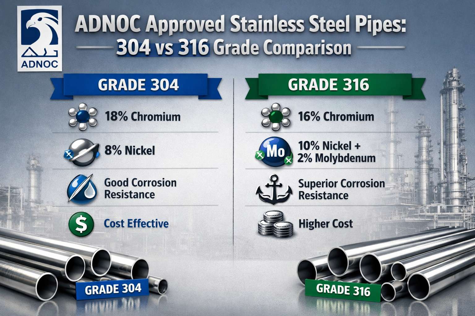 ADNOC Approved Stainless Steel Pipes: 304 vs 316 Grades